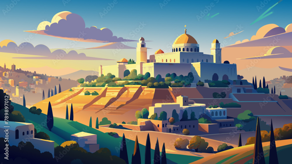 Mount of Olives: digital vector illustration in bright colors.Colorful ...