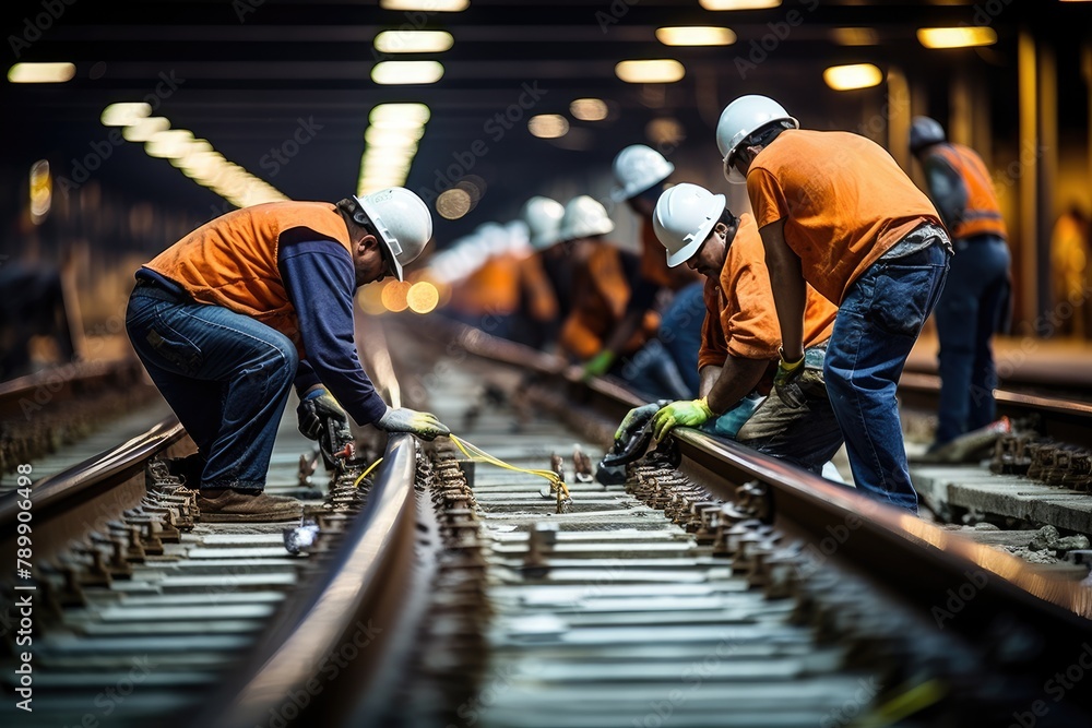 Rail Alignment: Precision shot of workers aligning subway rails. Stock ...