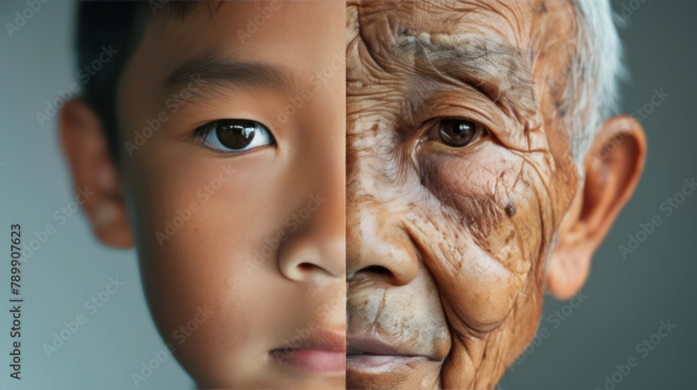 The face is divided into two halves - half of an Asian boy and half of ...