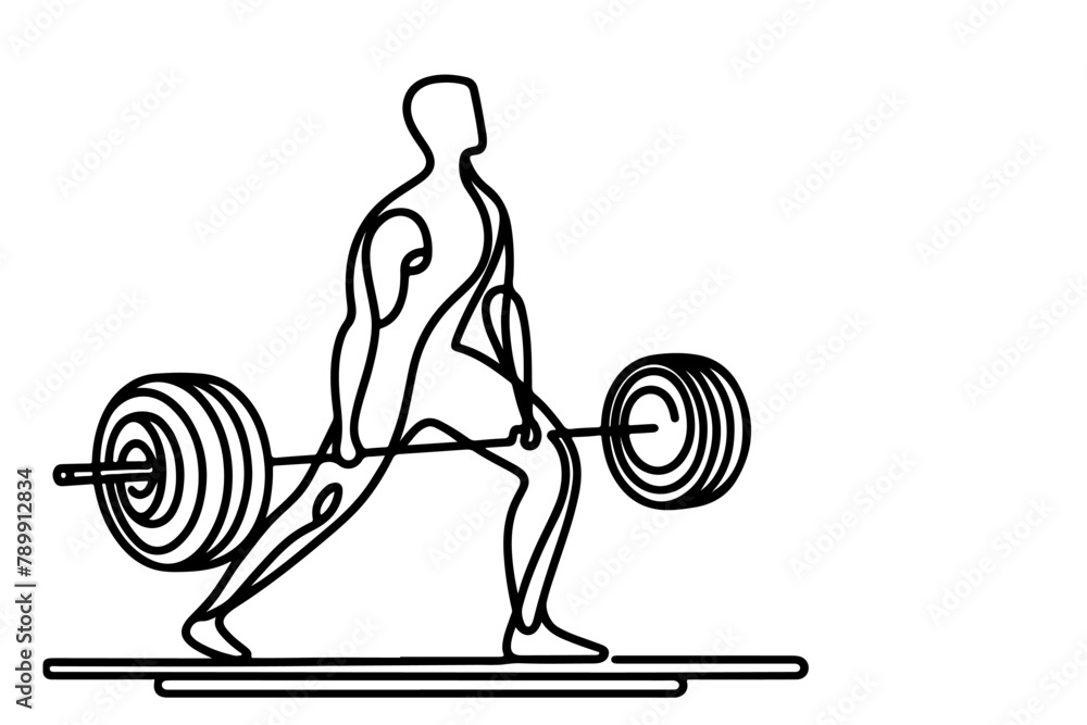 One continuous black line drawing of man lifting barbel with a heavy ...
