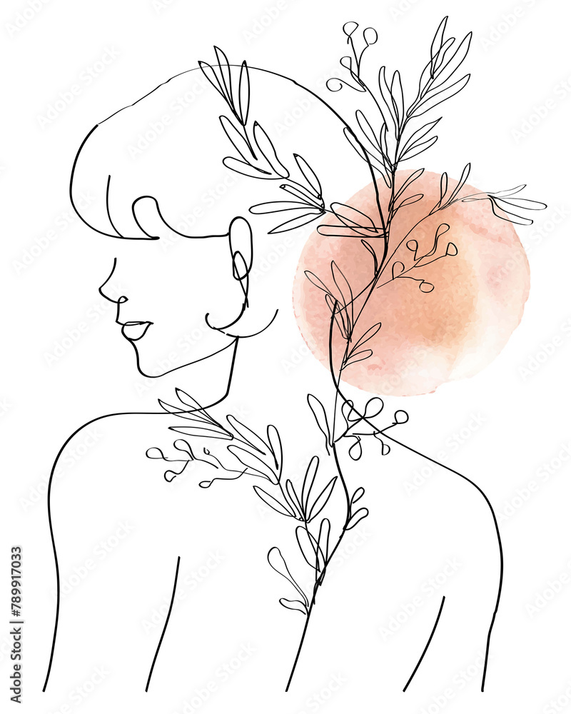 Png woman’s body with flowers pastel orange feminine line art ...