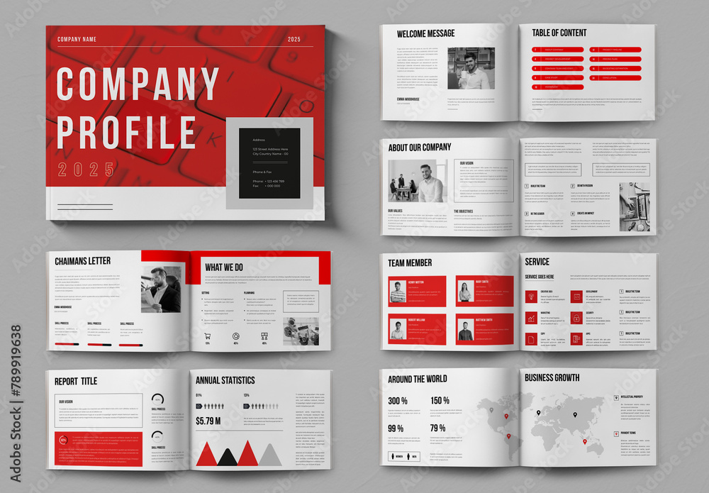 Company Profile Landscape Layout with Red Accents Stock Template ...