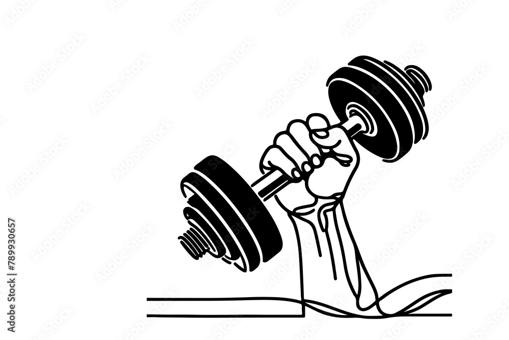 One continuous black line drawing of closeup strong hand man lifting up ...