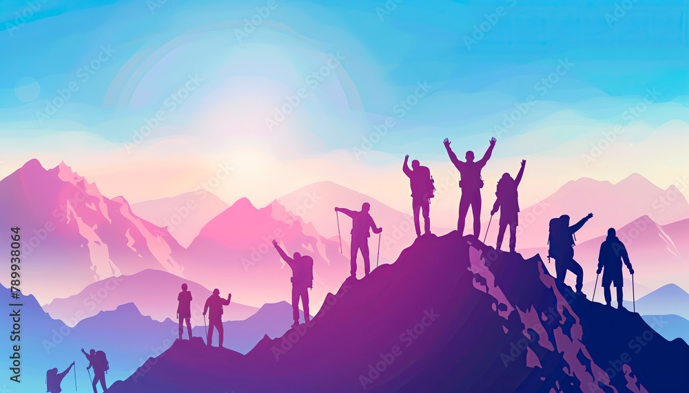 Teambuilding banner, reaching goals together and overcoming obstacles ...