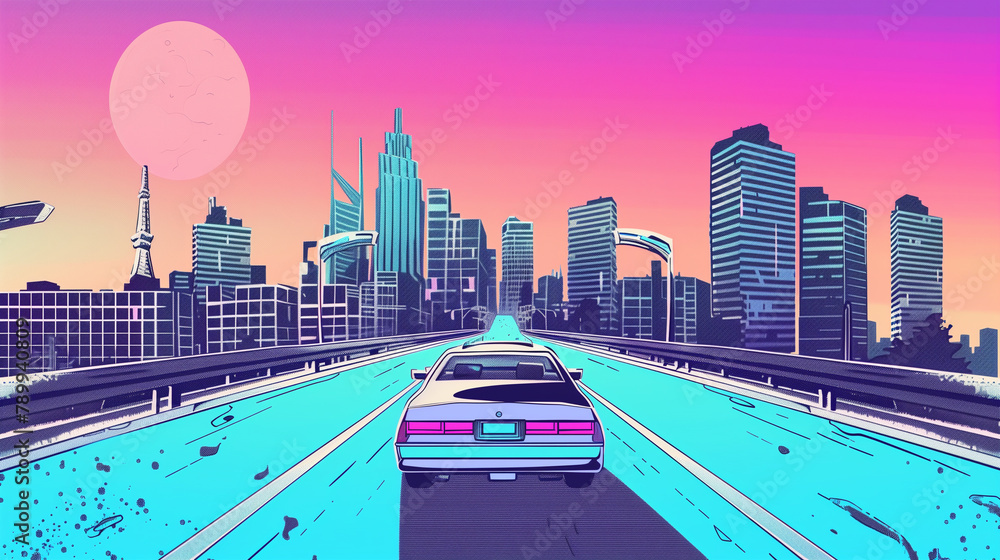 copy space, Summer vibes 80s style illustration, car driving ...