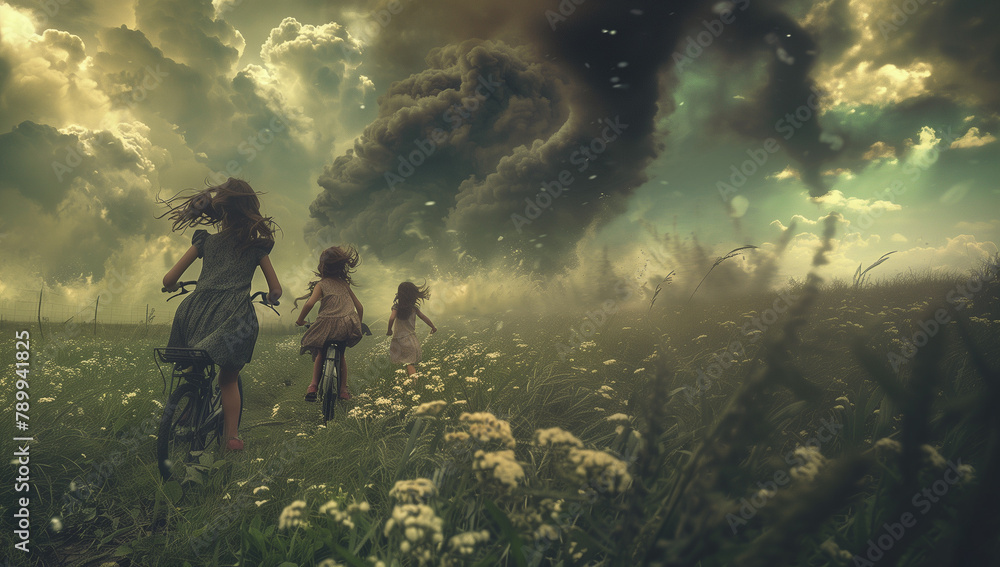 Children flee on foot and bike through grass as towering explosions ...