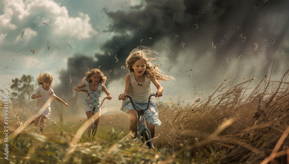 Children flee on foot and bike through grass as towering explosions ...