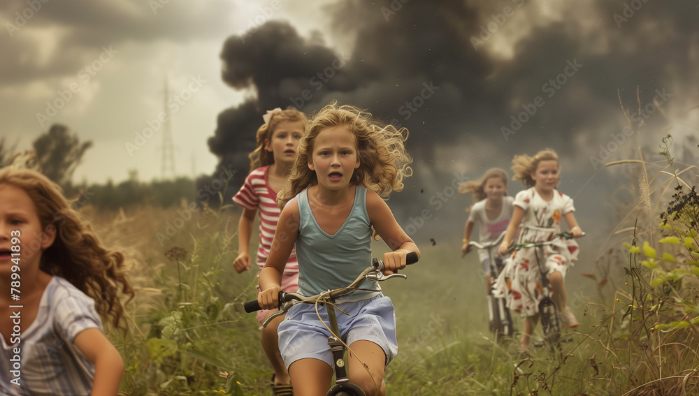 Children flee on foot and bike through grass as towering explosions ...