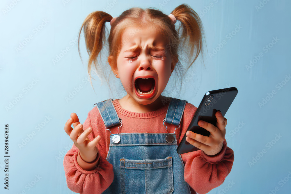 shocked child girl with open mouth crying and holding smartphone on ...