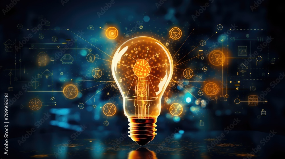 Light bulb with glowing orange center and and blue background of ...