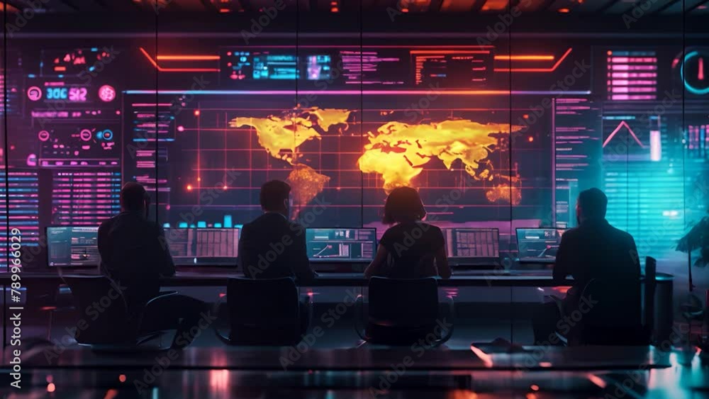 Futuristic cybersecurity operations control room with security team and ...