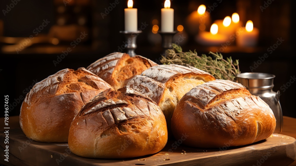 Warm and inviting image of freshly baked bread loaves displayed on a ...