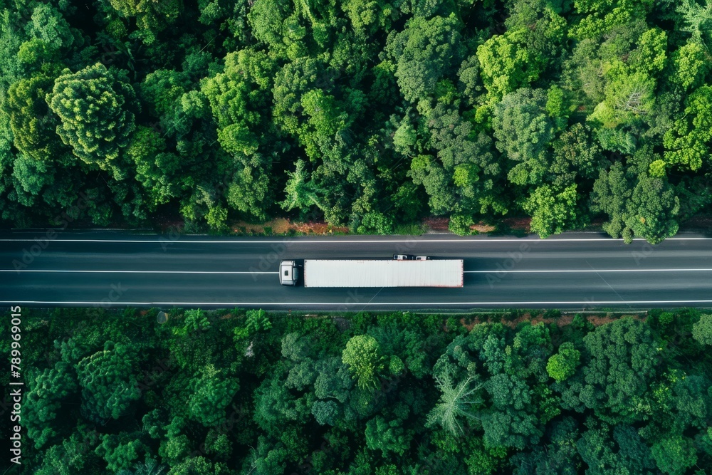 Drone captures eco-friendly transport on forest highway, with hydrogen ...