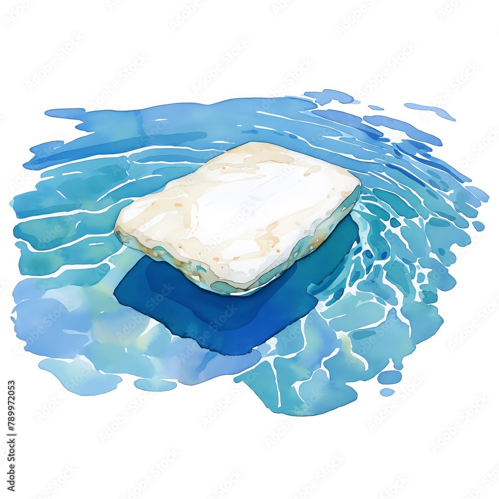 A minimalist watercolor of a pumice stone floating in clear water, its ...