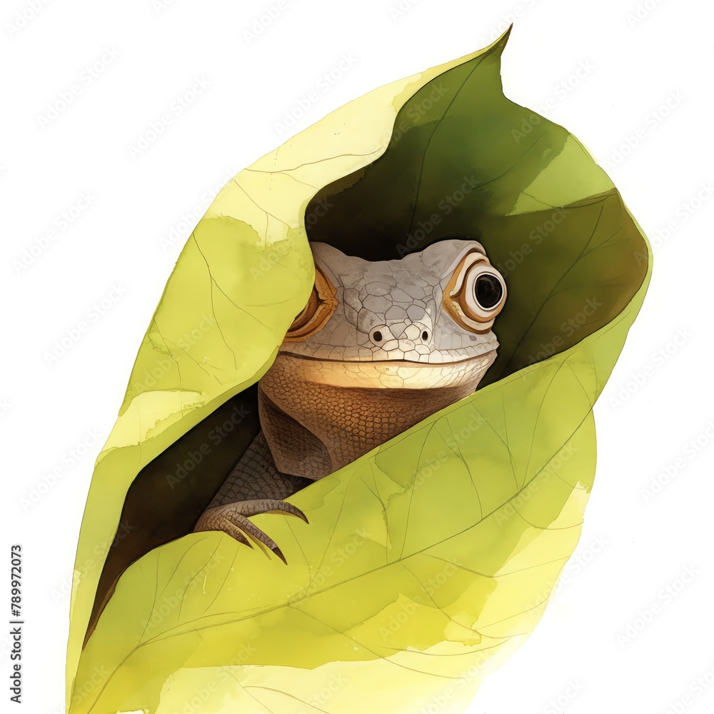 A minimalist watercolor of a lizard peeking out from under a leaf, its ...
