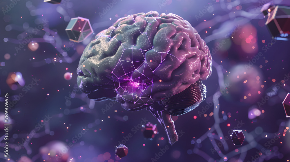 3D visualization of a human brain enveloped by unusual medical panels ...