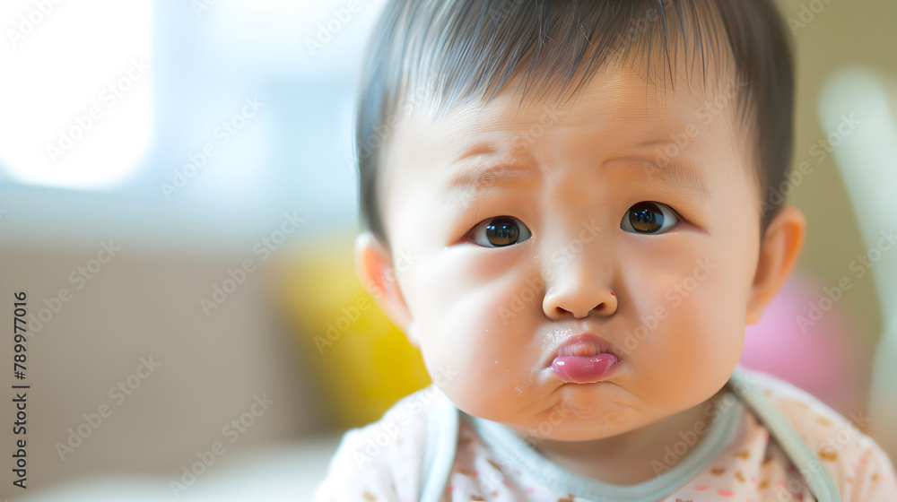 An Asian baby looking upset, he has tried a sour or bitter taste for ...