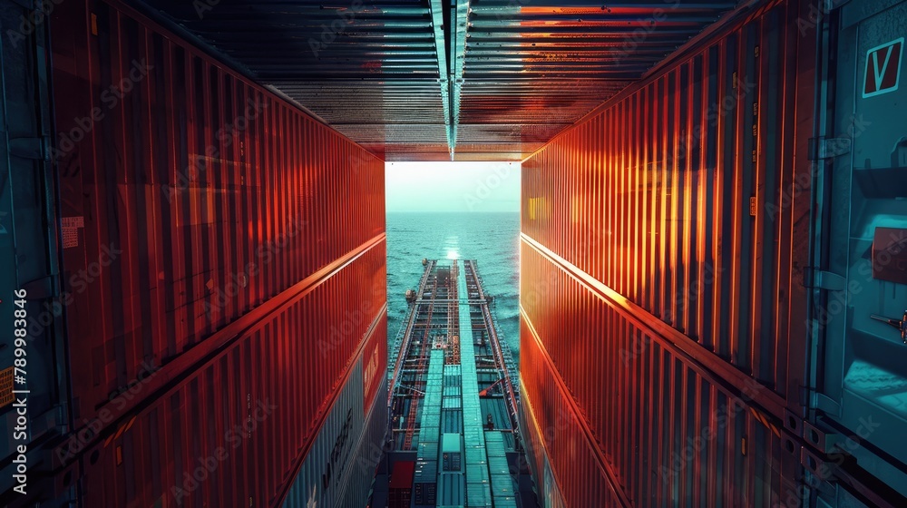 Inside view of a shipping container ships bridge during navigation ...