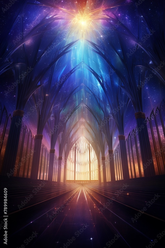 Worship and hope in a space cathedral, wide lens, starlit backdrop ...