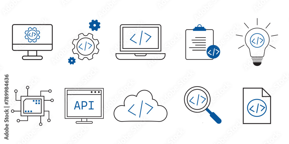 Software code icon doodle set. Hand drawn line sketch software coding ...