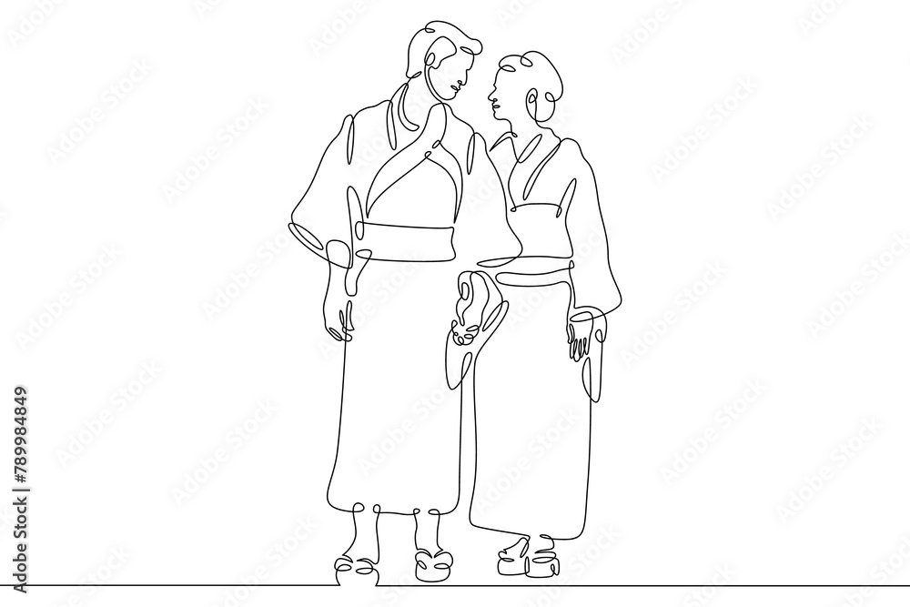 One continuous line.Japanese man and woman character in traditional ...