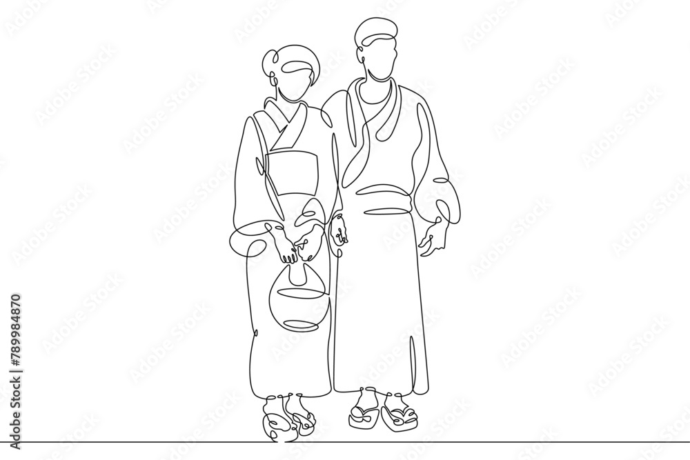 One continuous line.Japanese man and woman character in traditional ...