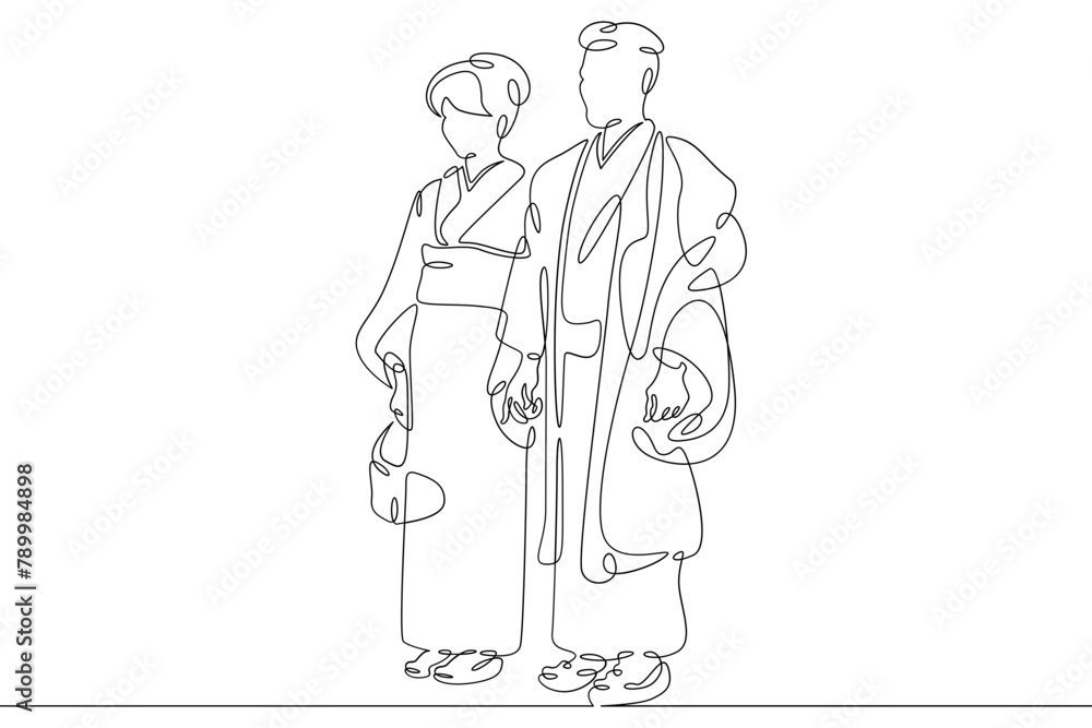 One continuous line.Japanese man and woman character in traditional ...