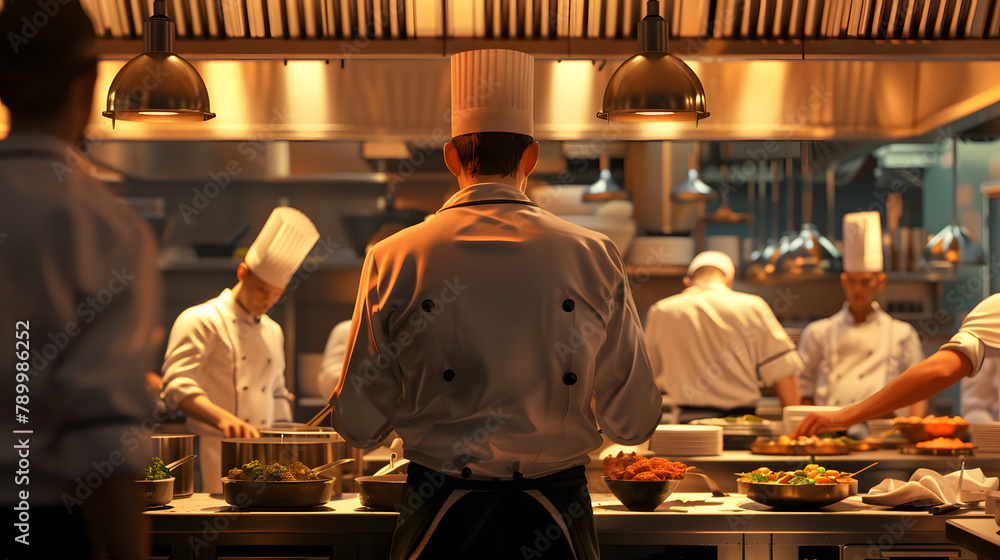 A chef in his uniform. standing in a bustling restaurant kitchen with ...
