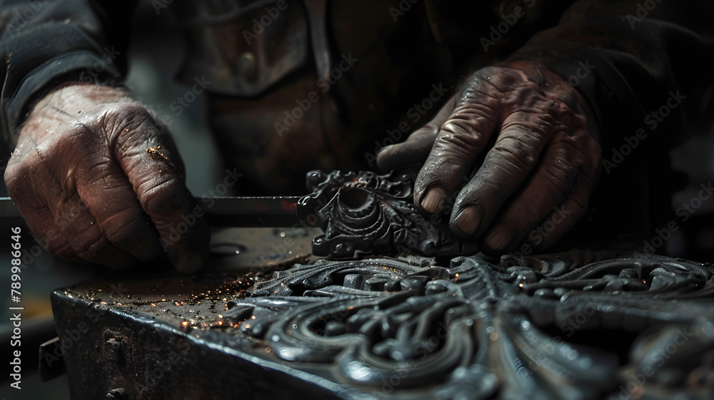 A close look at a blacksmiths hands hammering detailed designs into ...