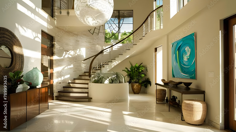 A contemporary foyer with streamlined design. showcasing a cozy nook ...