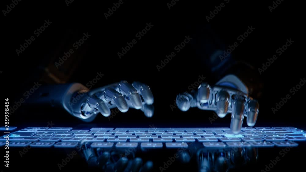 Humanoid Robot Quickly Programming on Glass Keyboard. Close-up of Hands ...