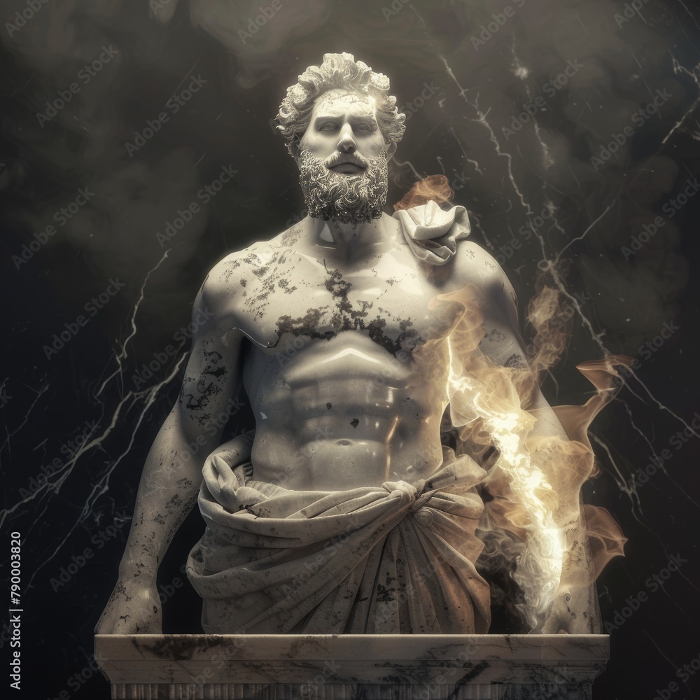 ancient greek marble statue of man, fire bursting out from his chest ...