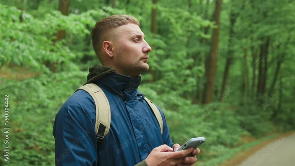 Young lost Caucasian man backpacker with smartphone catching signal at ...