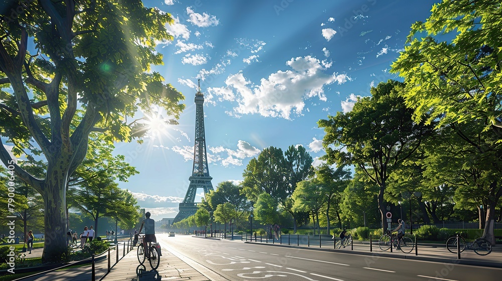 Clean Paris City, green vegetations, sunny day, people using bike, ev ...