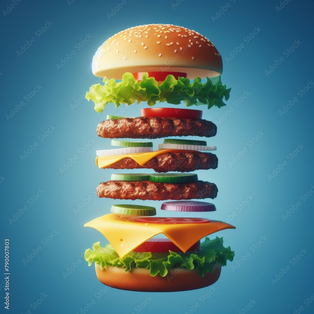 Creation of a hamburger, with stacked ingredients in diagrammatic form ...
