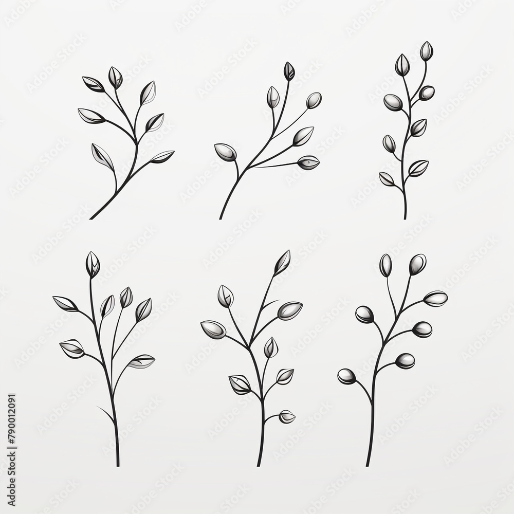 a set of illustrated single, single-colored twigs with rounded leaves ...
