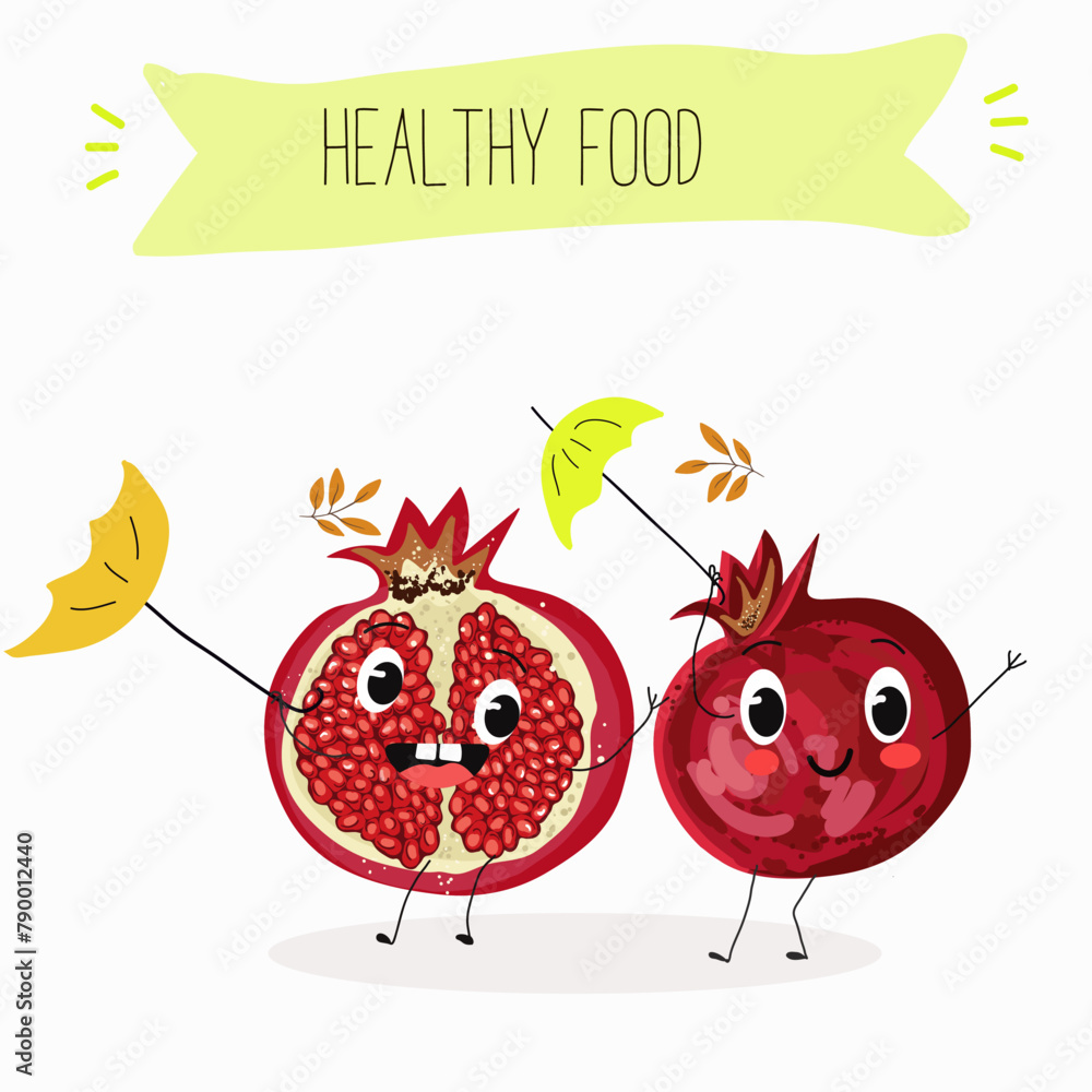 Cute garnet, pomegranate characters, funny fruits, characters with ...