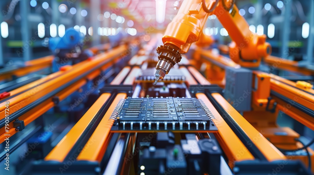 Circuit Board With Advanced Microchip On Assembly Line Electronics Manufacturing Facility Or