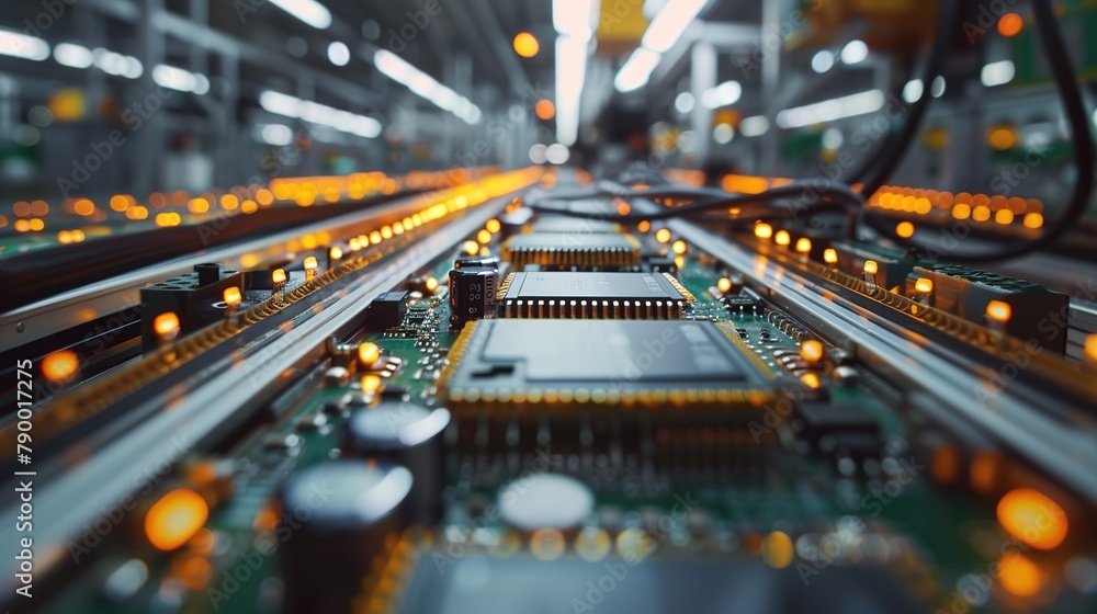 Circuit Board With Advanced Microchip On Assembly Line Electronics Manufacturing Facility Or