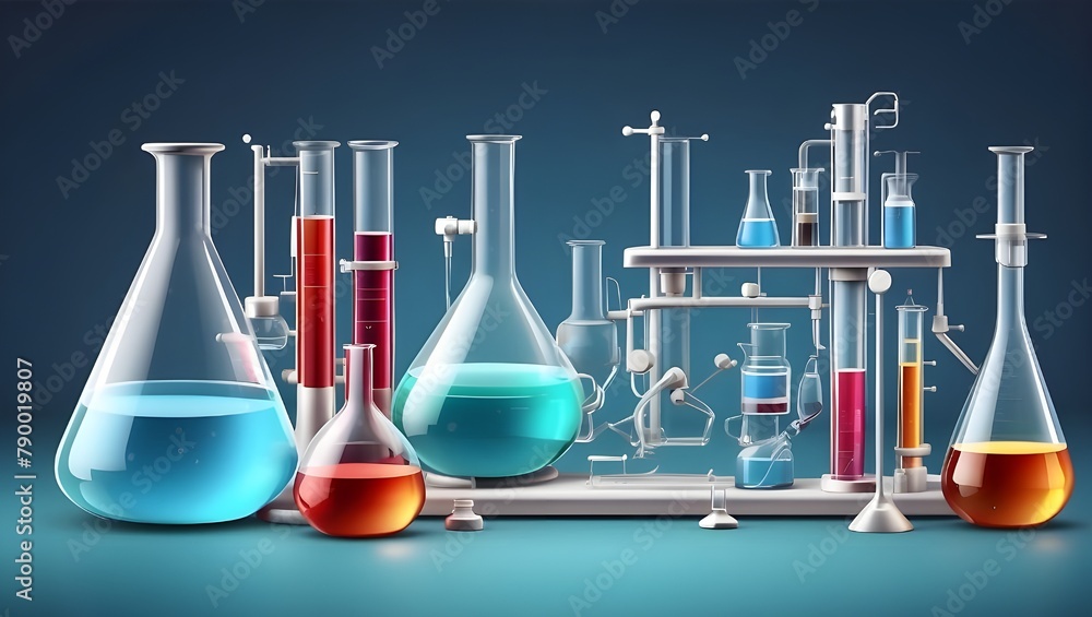 Laboratory equipment. Realistic 3D glass tubes, flask, beaker and other ...