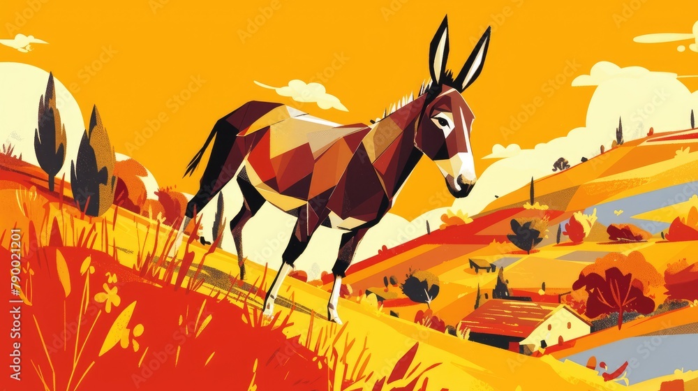 A vibrant illustration of a geometric stylized donkey set against a ...