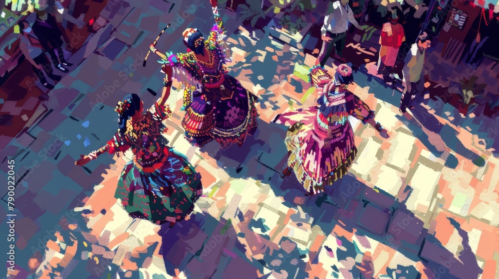 Capture the vibrant colors and intricate details of a traditional dance ...