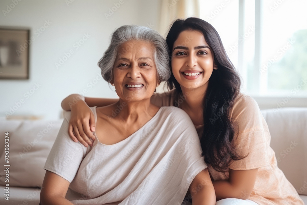 Happy indian elderly mom and young daughter hugging together Stock ...