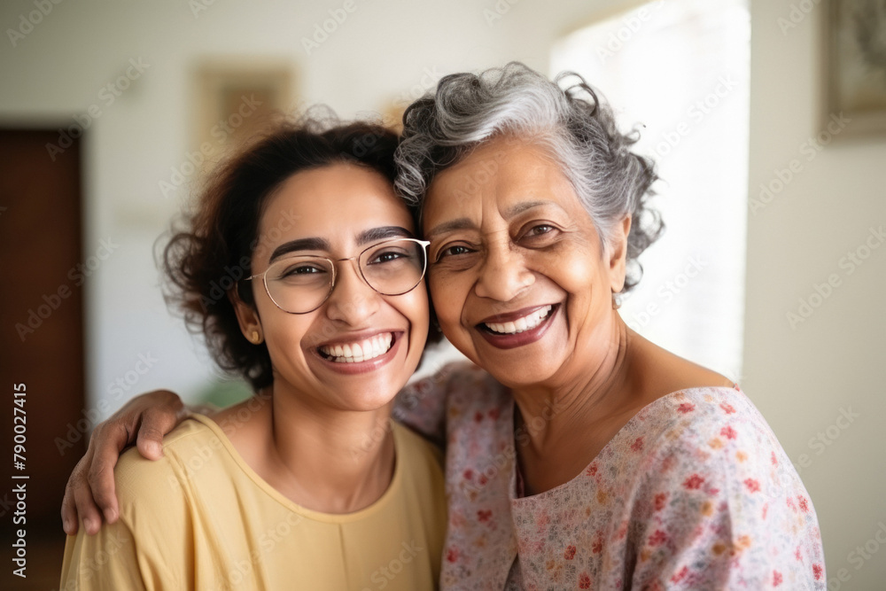 Happy indian elderly mom and young daughter hugging together Stock ...