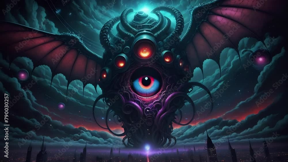 An alien monster with wings, tentacles and a big eye. Futuristic cosmic ...