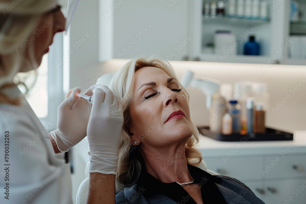 Mature woman receiving a botox injection in a sleek, modern clinic ...