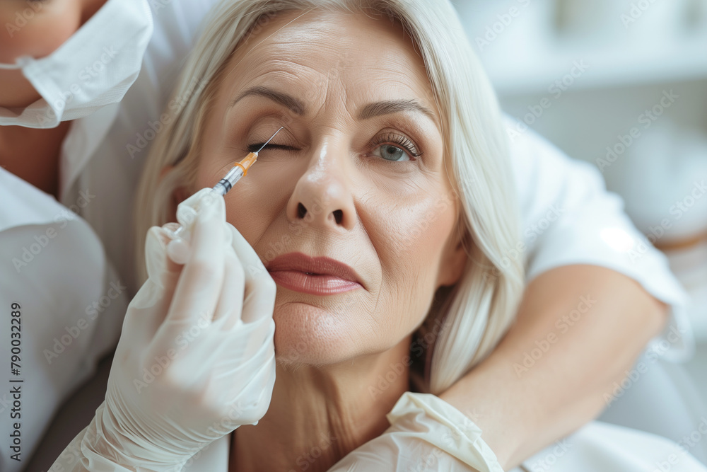 Mature woman receiving a botox injection in a sleek, modern clinic ...