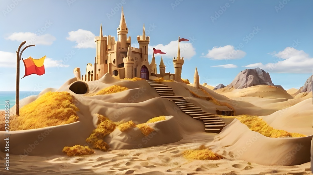:A sandbox filled with mounds of golden sand where children can build ...