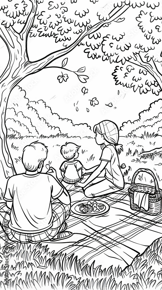 People: A coloring book illustration of a family having a picnic in a ...