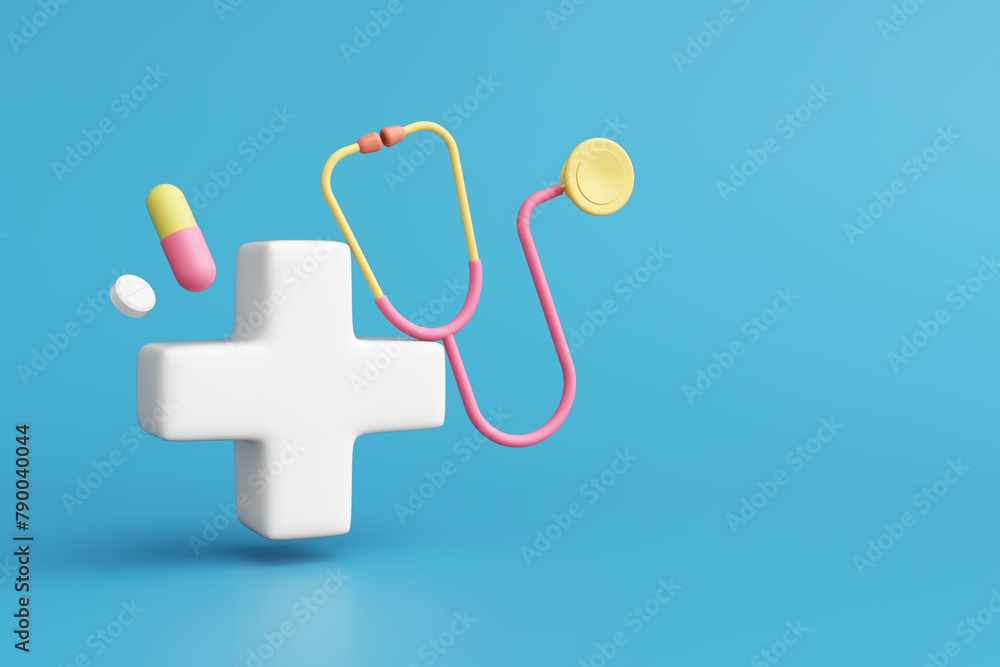 3D plus symbol, stethoscope, capsule medicine, pills on blue background ...